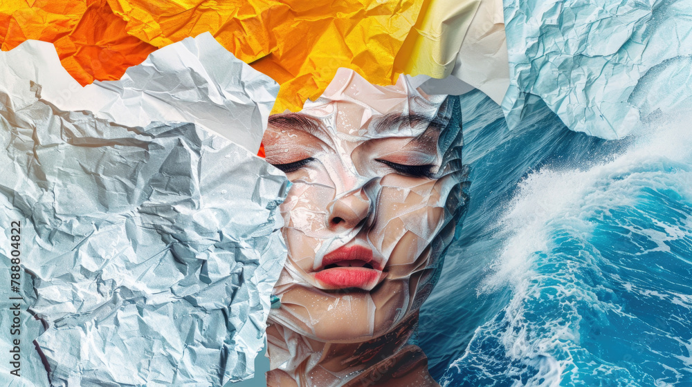 A womans face crafted from crumpled paper, showcasing intricate details ...