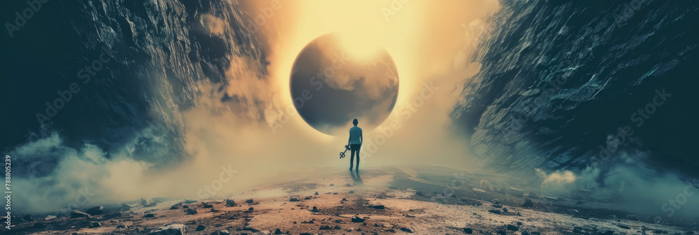 A man standing before a colossal object, showcasing the stark size ...