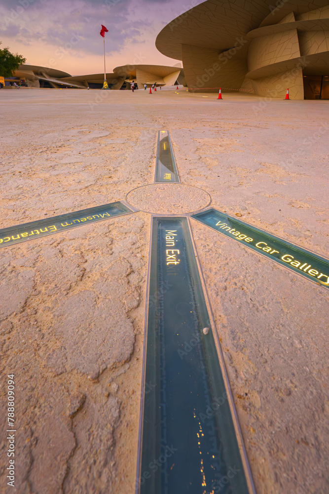 Foto de Doha, Qatar - Jan 06 2024, top view of the glass sign located ...