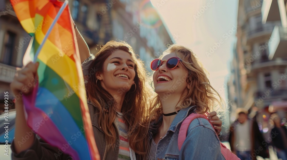 couples of women supporting an LGBT march in the street with flags with ...