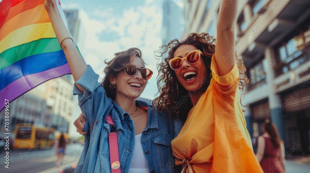 couples of women supporting an LGBT march in the street with flags with ...