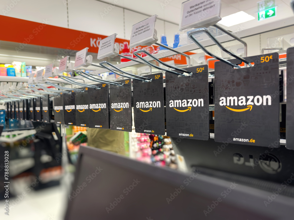 Frankfurt, Germany - Jan 13, 2024: A row of Amazon Prime gift cards ...