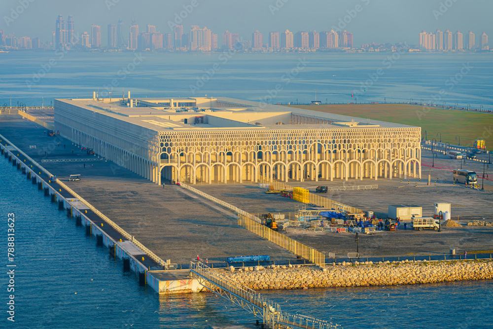 Doha, Qatar - Jan 14 2024, aerial sea view of new cruise terminal of ...