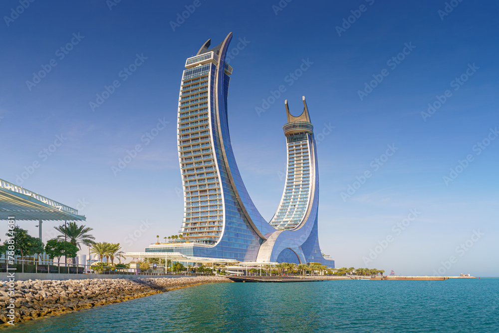 Doha, Qatar - Jan 14 2024, Panoramic view of the two luxury hotels ...