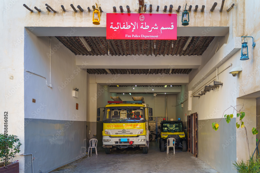 Doha, Qatar - Jan 14 2024, Panoramic view of the garage of the fire ...