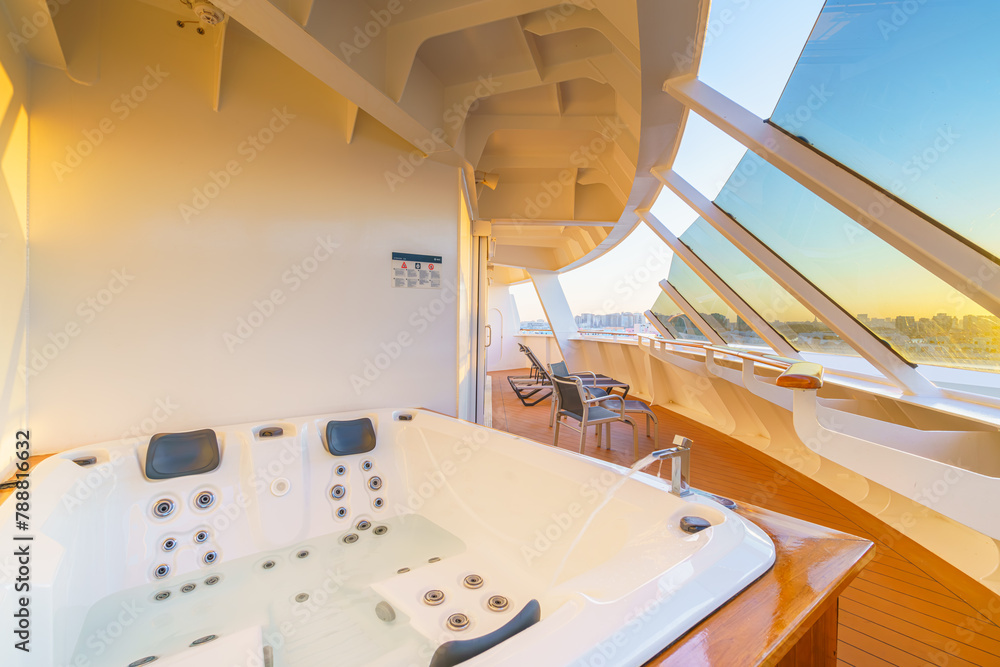 Doha, Qatar - Jan 14 2024, Panoramic view of the terrace from the ...