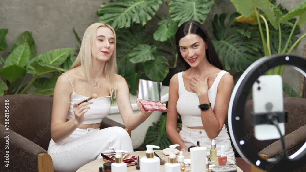 Two beautiful content creator making natural beauty and cosmetic ...