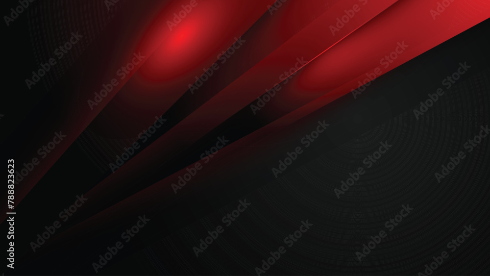 Black, grey red virtual abstract background overlap triangle layer with neon line lights ...