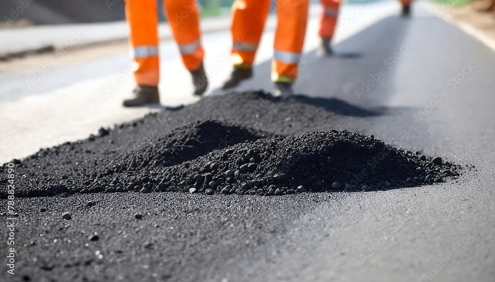 Road construction workers' teamwork, tarmac laying works at a road ...