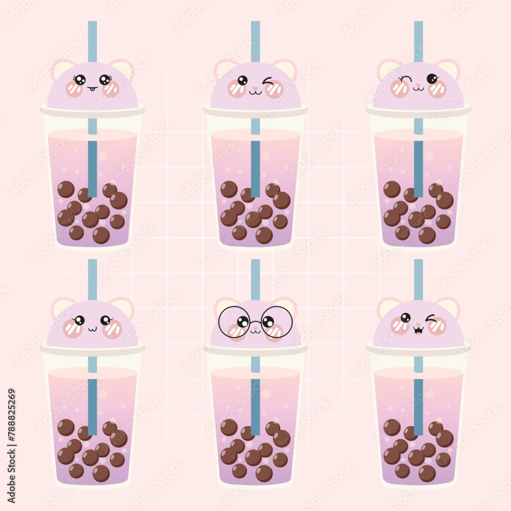 Vector collection of cute Kawaii Boba Teas face emoji emotes ...