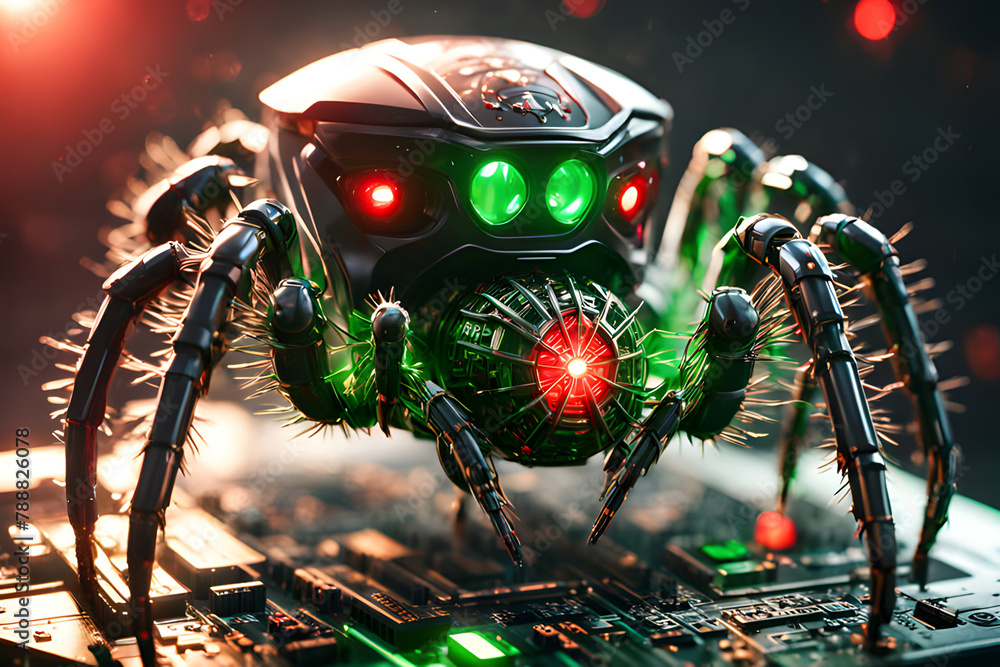 Glowing cyber neon microchip spider networked on a digital data spider ...
