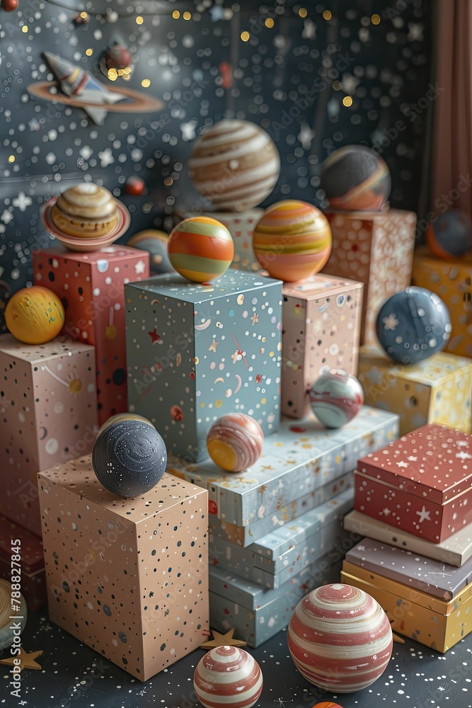 Captivating cosmic pop art display: gift boxes mimicking planets in a ...