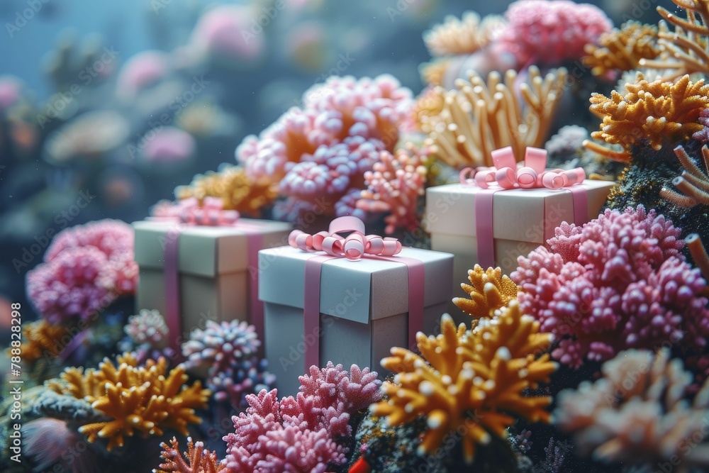 Explore a mesmerizing underwater world with gift boxes mirroring a ...