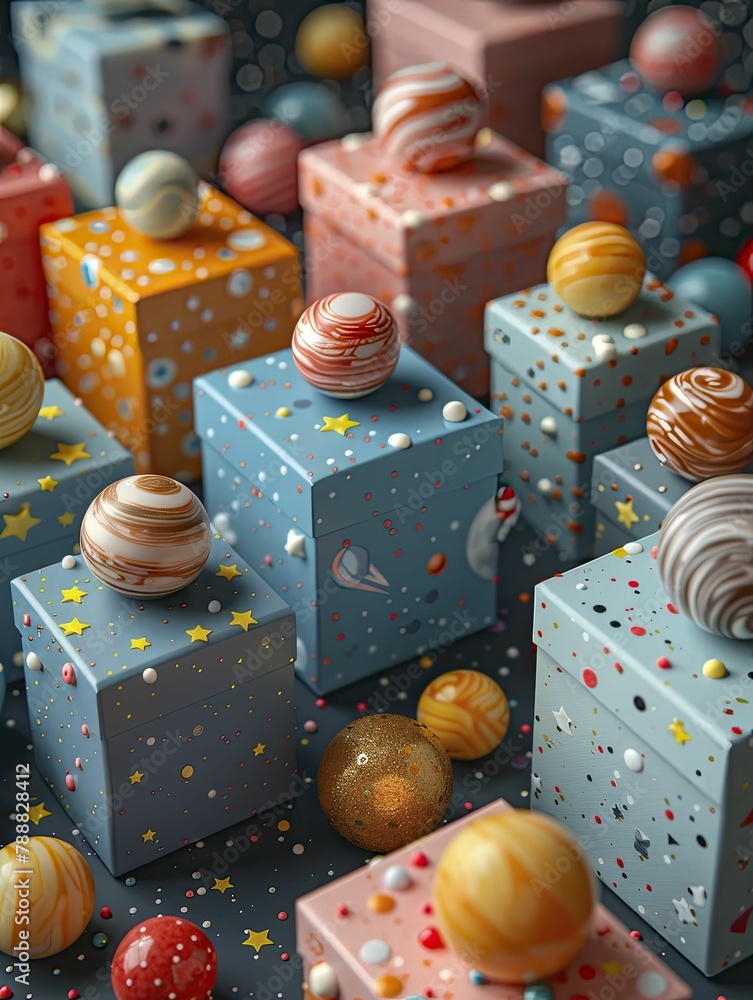 Gift boxes styled as planets in a mini solar system model, cosmic ...