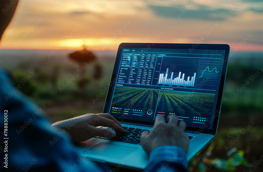 A farmer is using his laptop to control the smart farm system, with ...