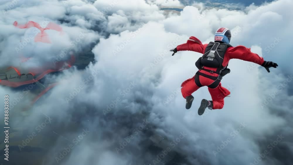 From high above a dense sea of clouds, a skydiver clad in red and white ...