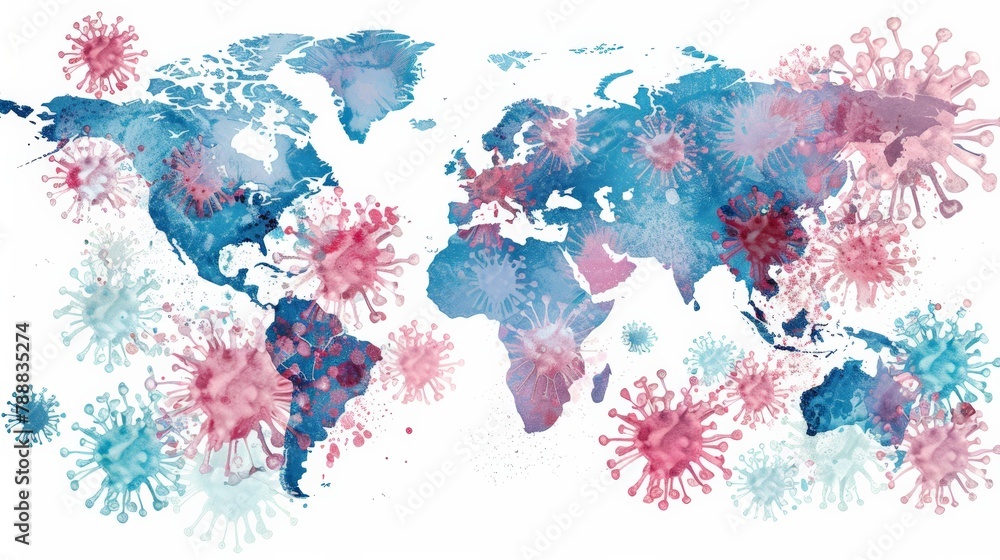 A map of the world showing the spread of a virus. The map shows how the ...
