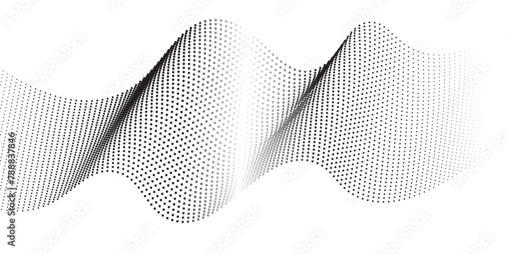 Flowing dot particles wave pattern halftone black gradient smooth curve ...
