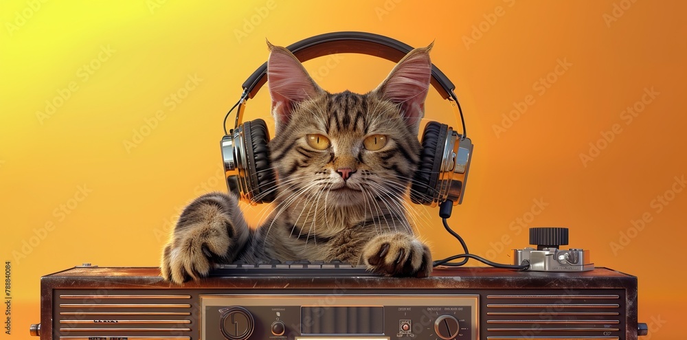 Tabby cat with cassette headphones resting on a vintage boombox ...