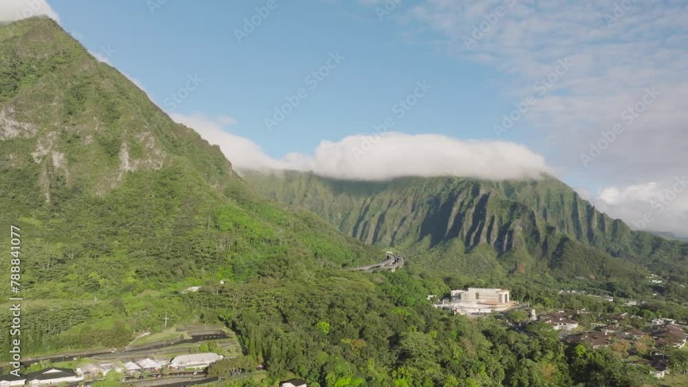 Epic aerial scene H3 highway on Oahu island. Cinematic nature landscape ...
