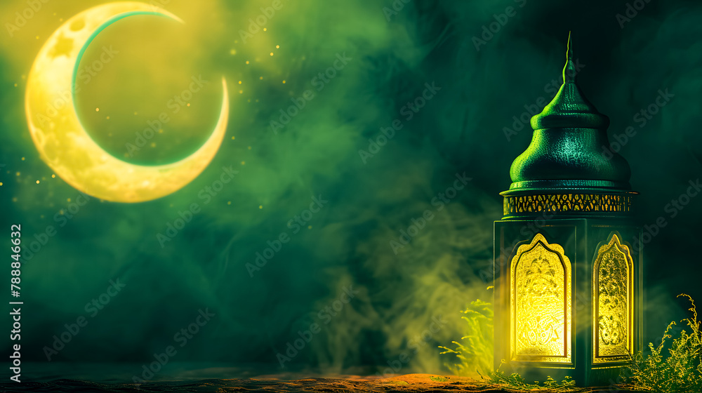 Green Islamic background with green lantern and crescent moon Stock ...