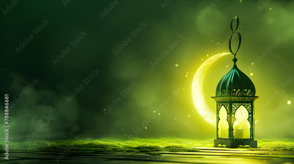 Green Islamic background with green lantern and crescent moon Stock ...