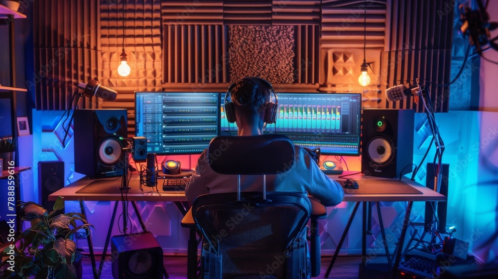 A content creator recording a podcast in a home studio with ...