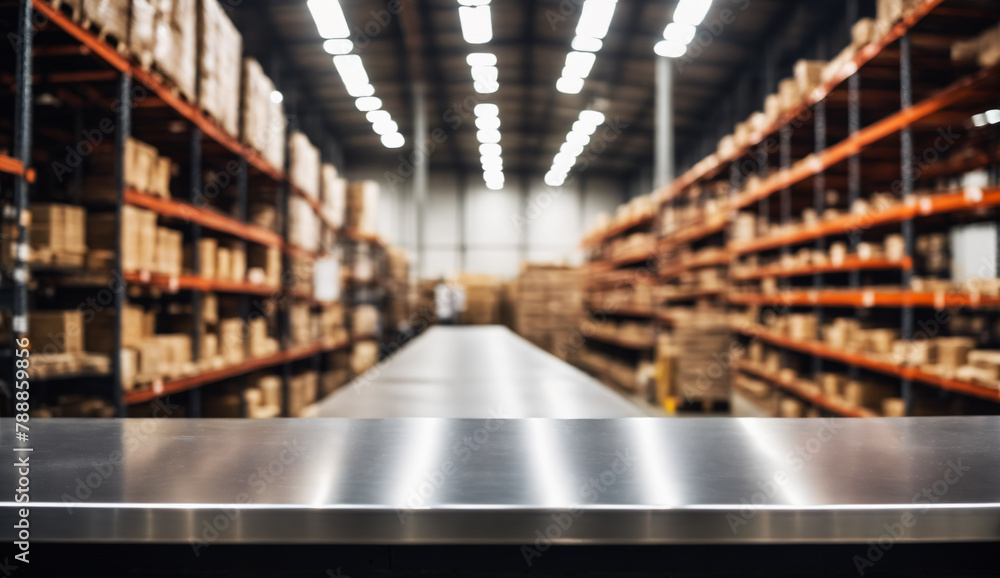 Warehouse aisle with metal counter for product presentations. Stock ...