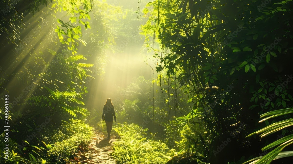 person walking in a lush green forest, appreciating the beauty of ...