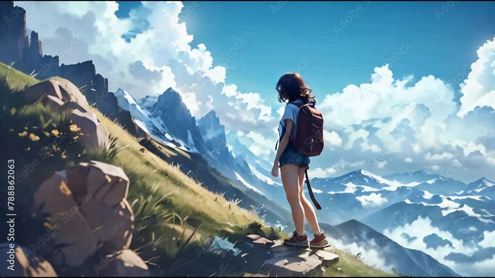 Anime girl trekking alone in the natue. Travel lifestyle. Cute pretty ...