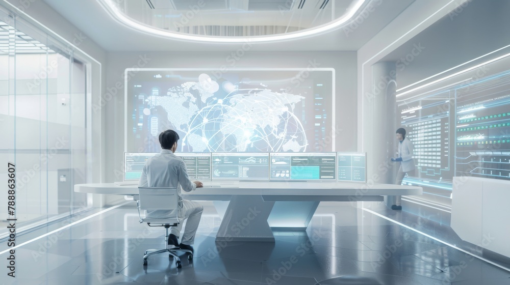 A meteorologist predicting weather with AI, in a bright, clean ...