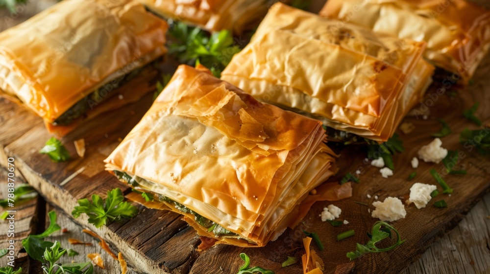 Golden phyllo dough is delicately wrapped around layers of savory ...