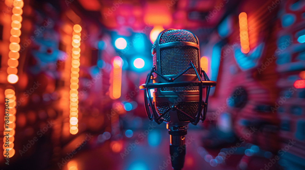 Studio microphone with vibrant neon lights, representing music ...