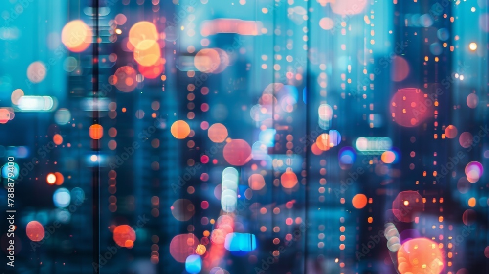 A hazy cityscape and glowing neon signs create a modern and dynamic ...