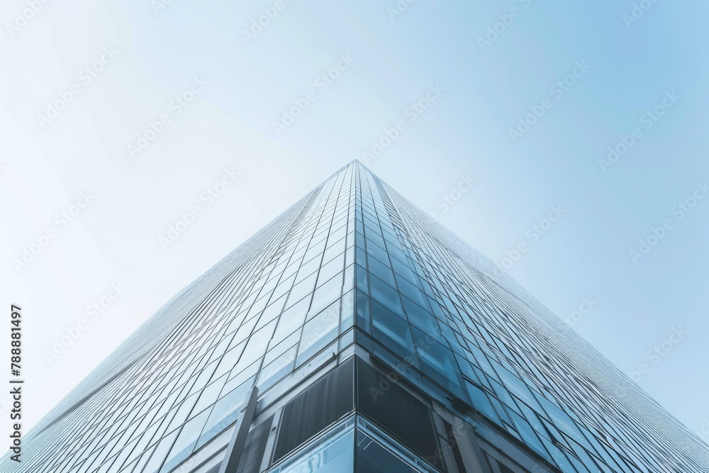 A sleek and minimalist skyscraper rising against a clear blue sky, with ...