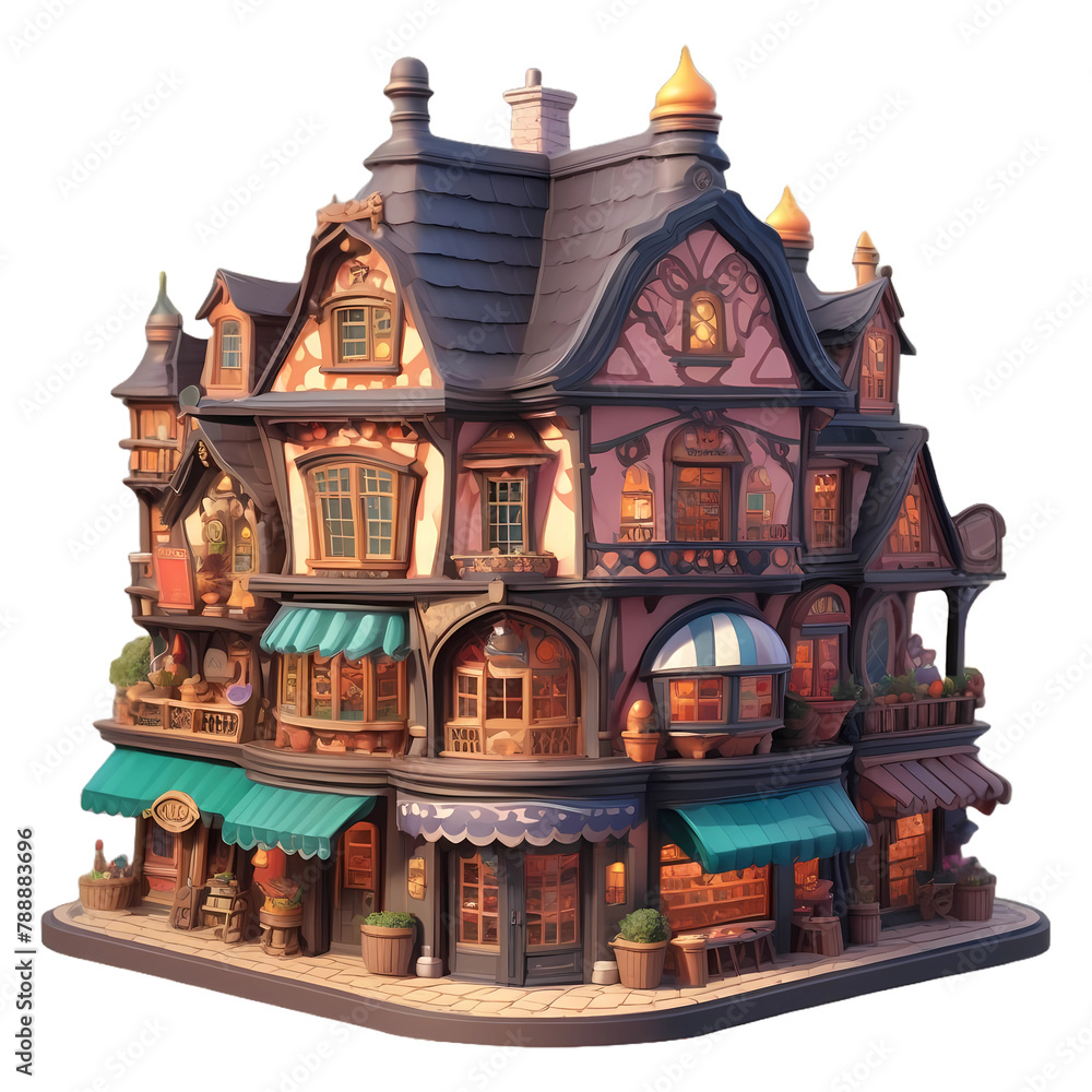 A detailed isometric illustration of a Mad Hatter's hat shop. A quirky ...