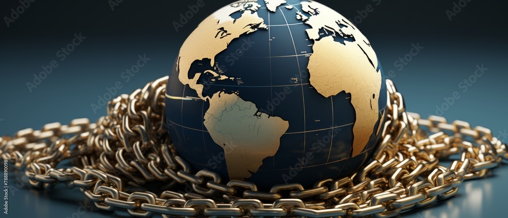 Realistic 3D depiction of a globe wrapped in gold chains, global ...