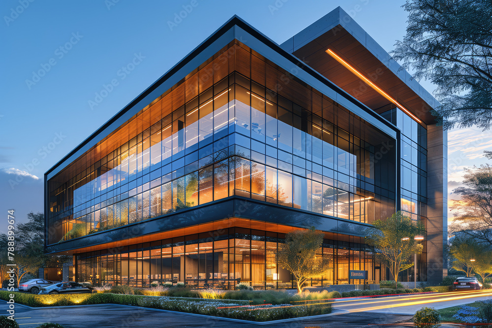 Modern office building exterior design, front view, glass curtain wall ...