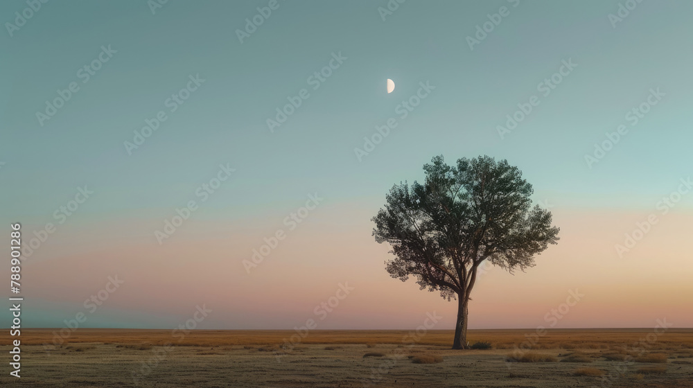 Lone tree under a twilight canopy with crescent moon and stars in a ...