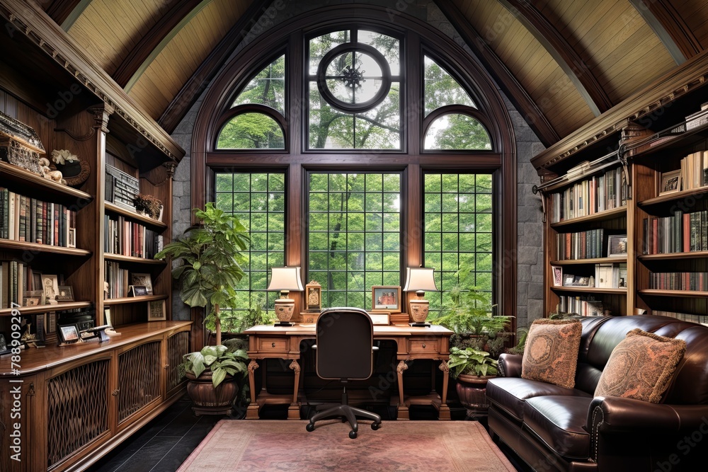 Vaulted Ceilings and Bookcase Alcoves: Gothic Cathedral Home Office ...