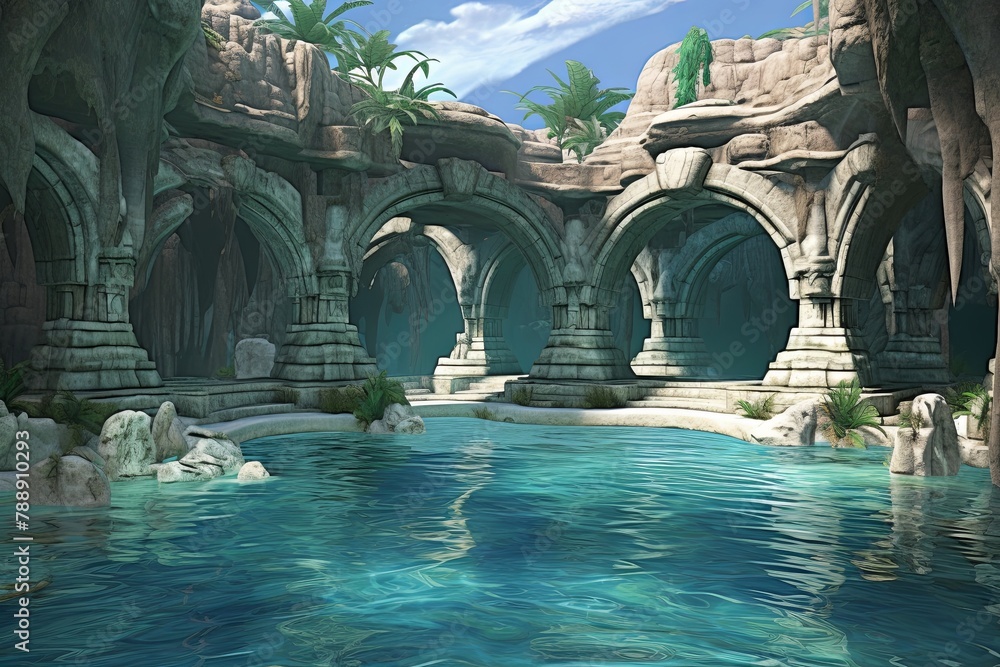Dolphin Statue Fountain and Sandy Edge: Lost City of Atlantis Pool ...