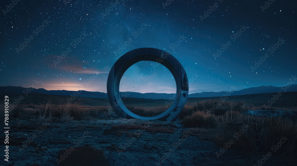 Surreal view of a mysterious circular portal frames the starry night ...