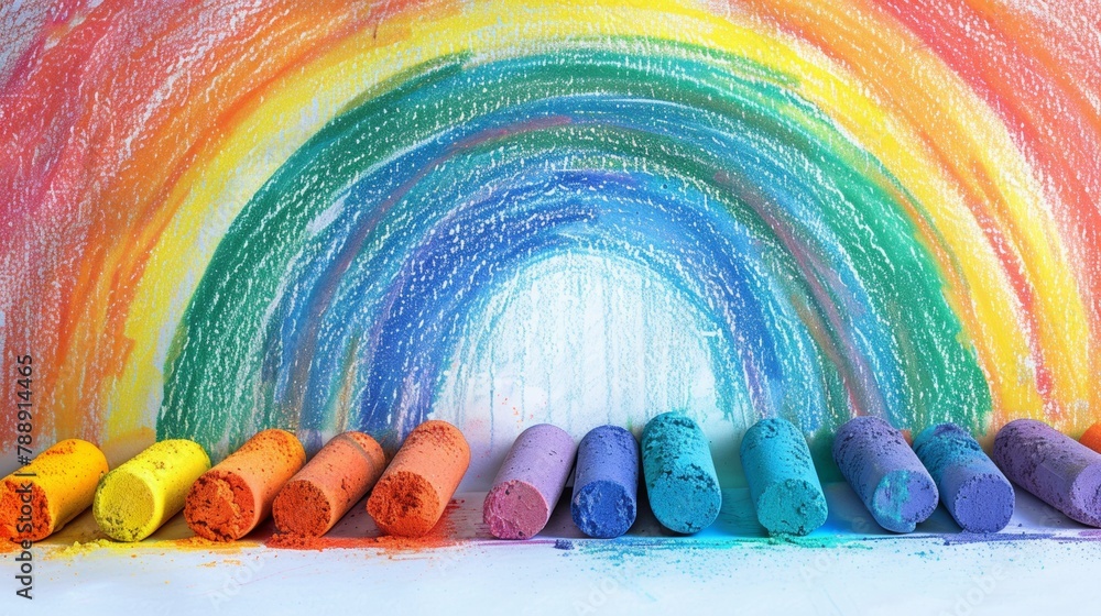 Colorful chalk pastel rainbow on white background with vibrant rows of ...