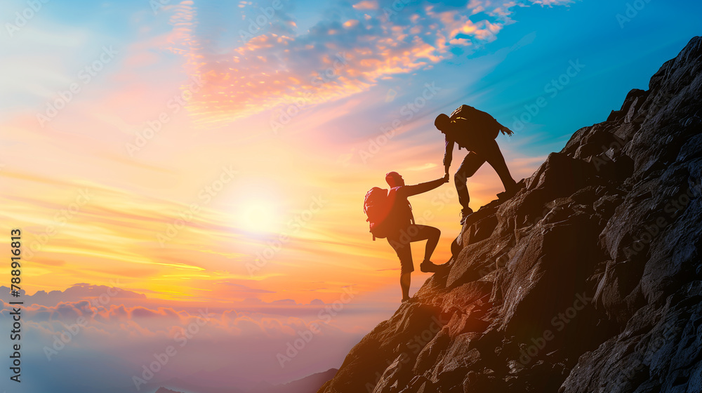 Two people are climbing a mountain together. One of them is wearing a ...