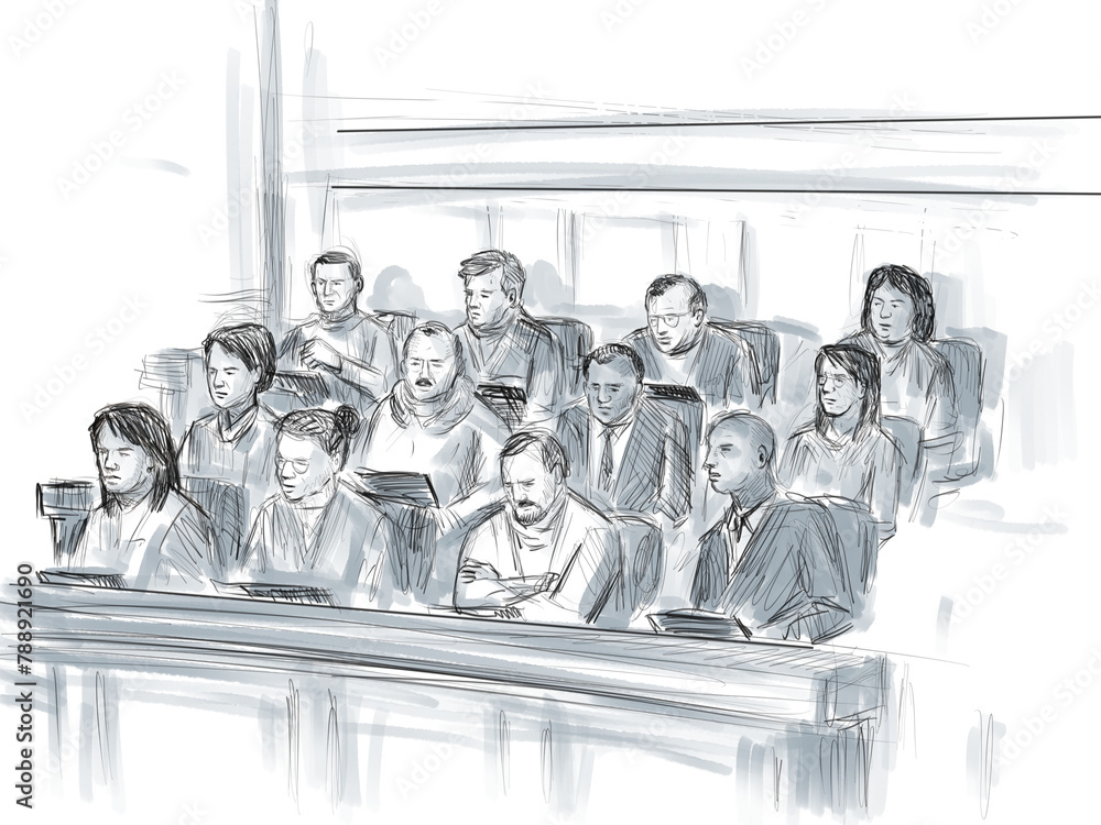 Pastel pencil pen and ink sketch illustration of a courtroom trial ...