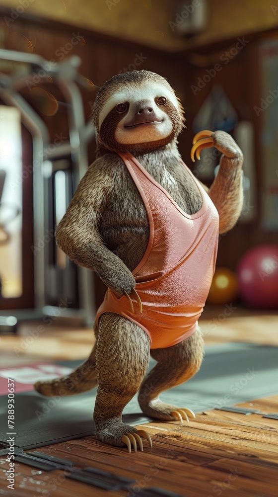 Retro 3D sloth in 80s styled aerobics outfit, energetically stepping on ...