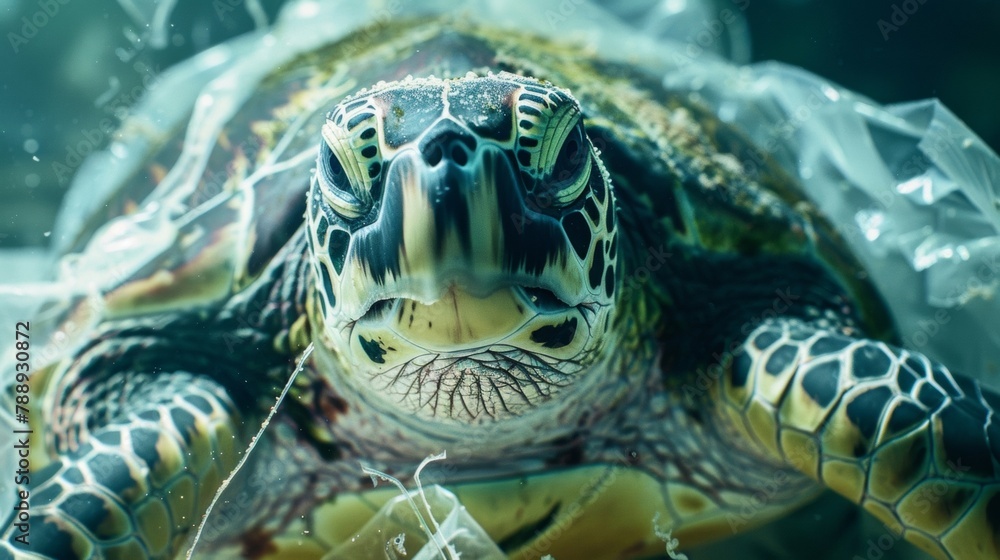 Closeup of a turtle tangled in a web of plastic bags highlighting the ...