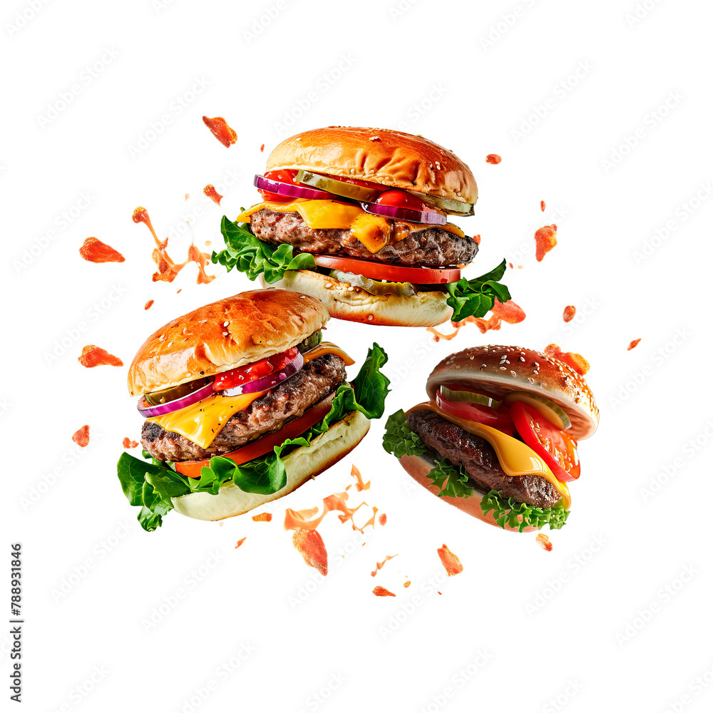 Grill burger, realistic 3d burgers falling in the air, grilled meat ...