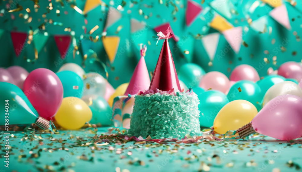 birthday light party background hats balloons border teal confetti ...