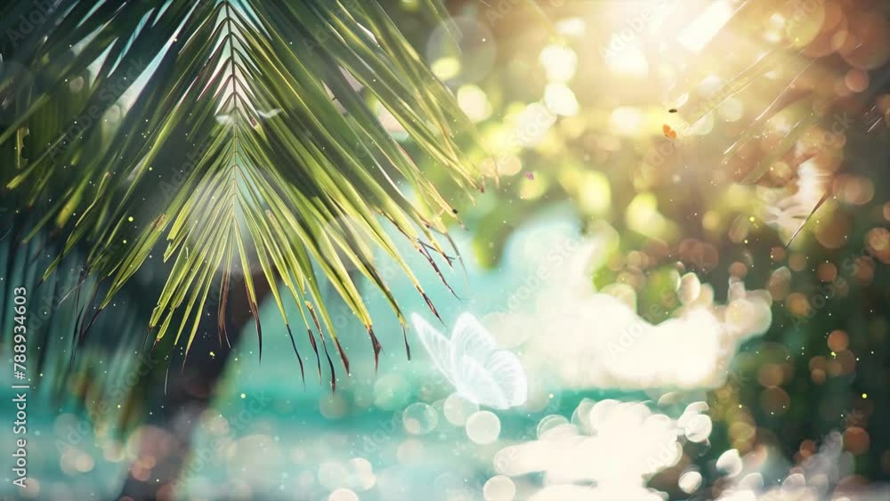 summer tropical background. green palm leaf on tropical beach with ...